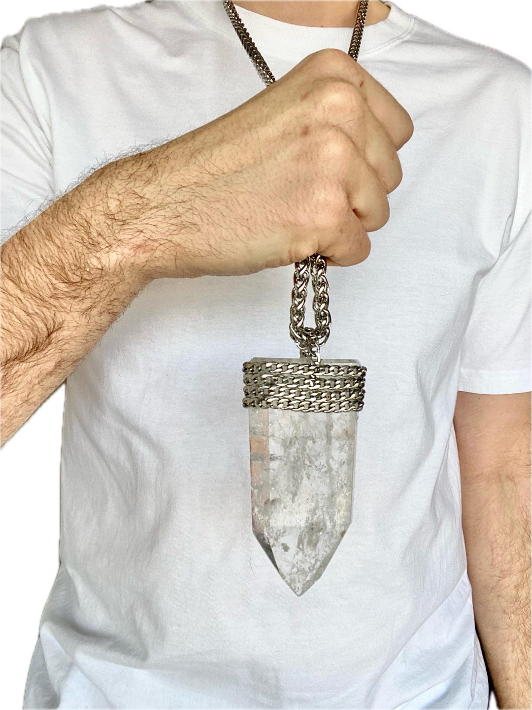 Huge Crystal Necklace Large Quartz Pendant Long Silver Chain Statement ...