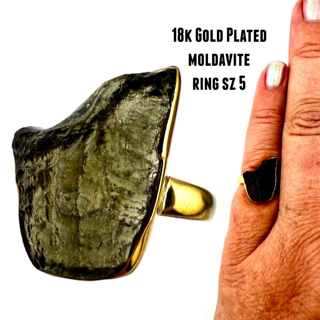 MOLDAVITE CRYSTAL RING in 18k Gold Plating New Item! Sz 5 2.8 Gr ...