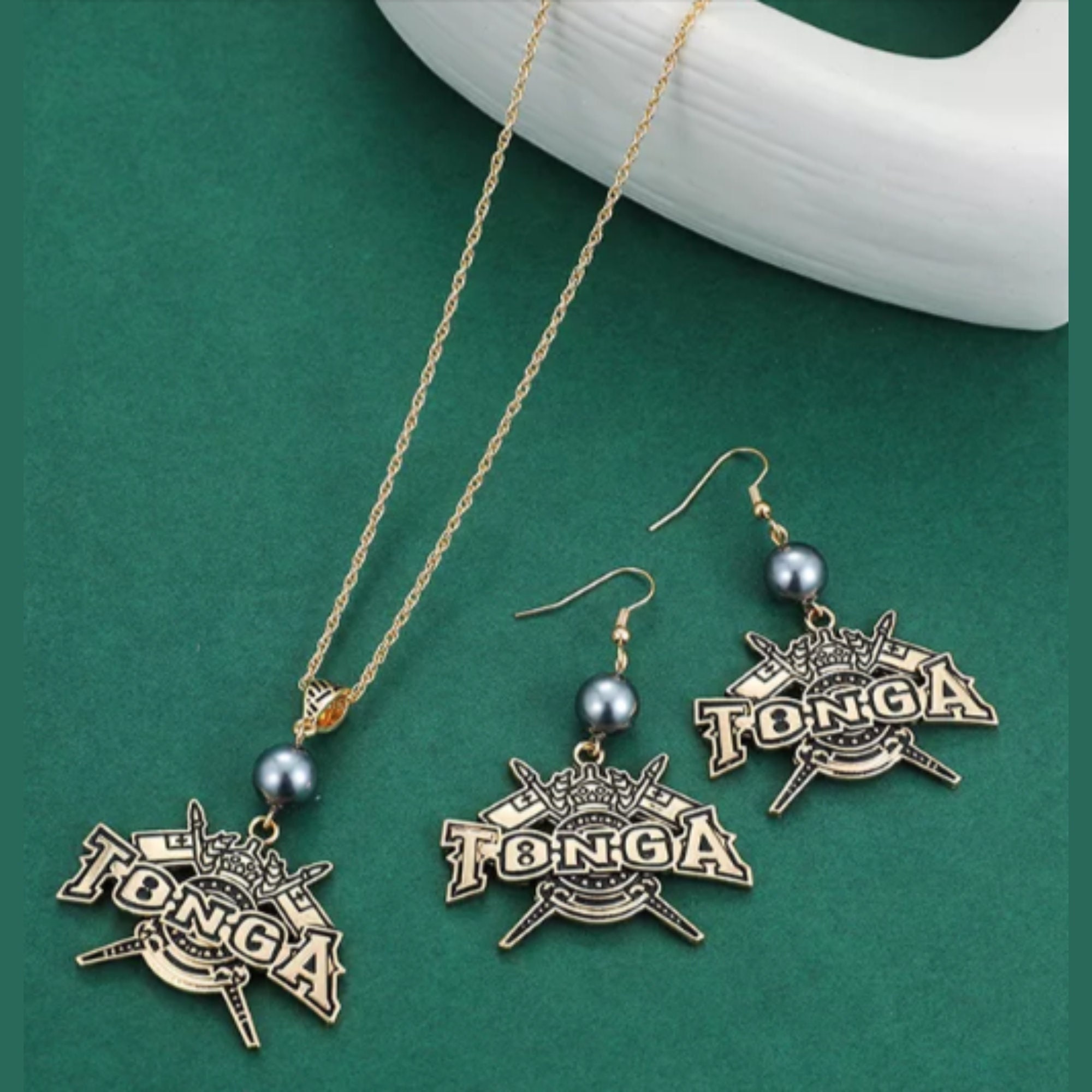 Tonga Pendant Necklace Earrings 14K Gold Plated Jewelry Set - Etsy