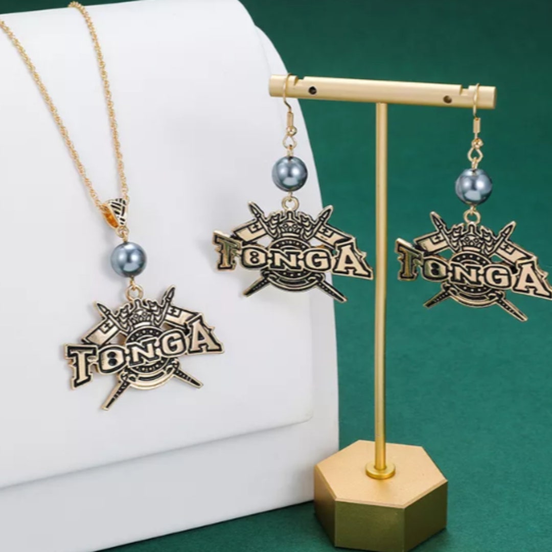 Tonga Pendant Necklace Earrings 14K Gold Plated Jewelry Set - Etsy