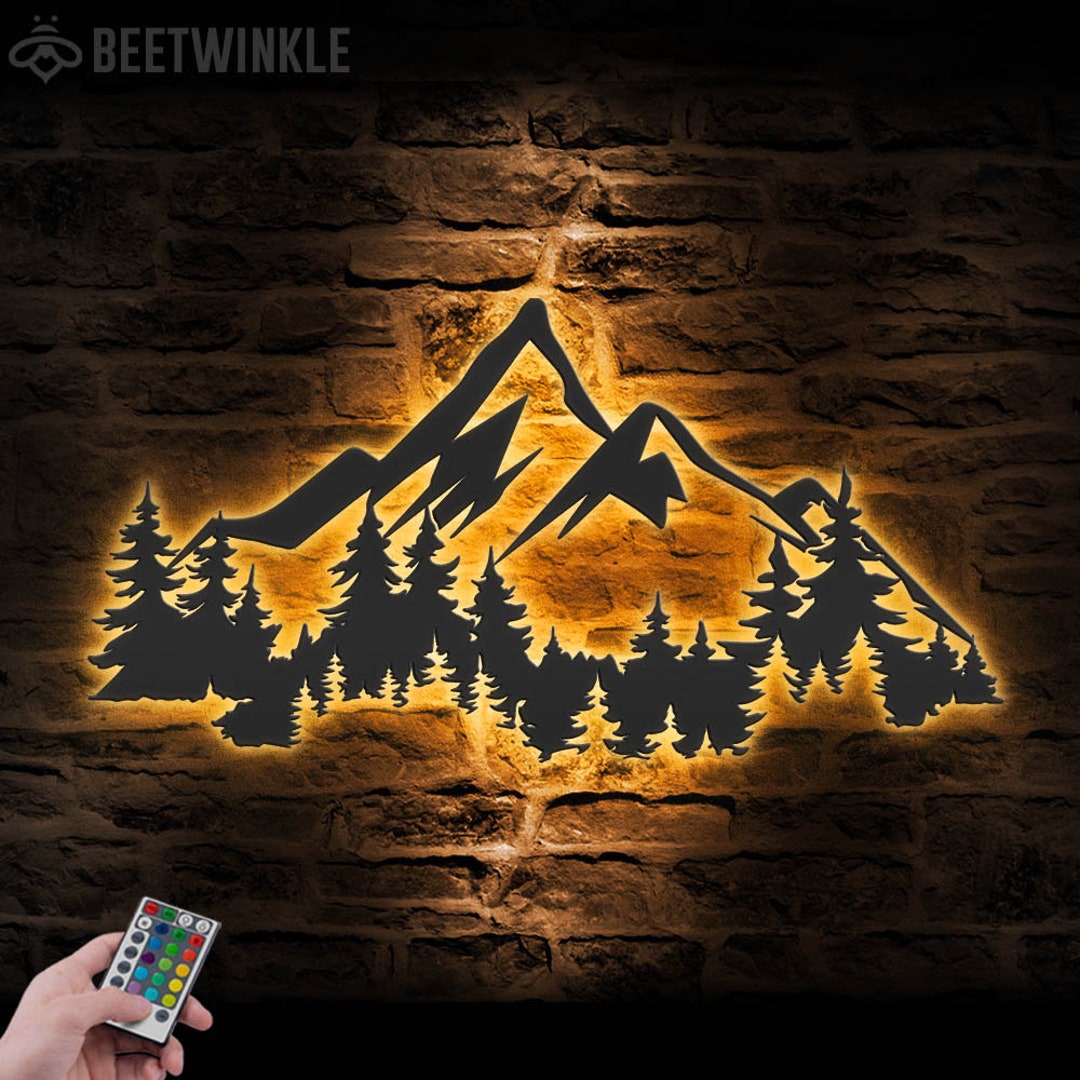 Nature Mountain Forest Metal Wall Art LED Light Hill Tree Large ...