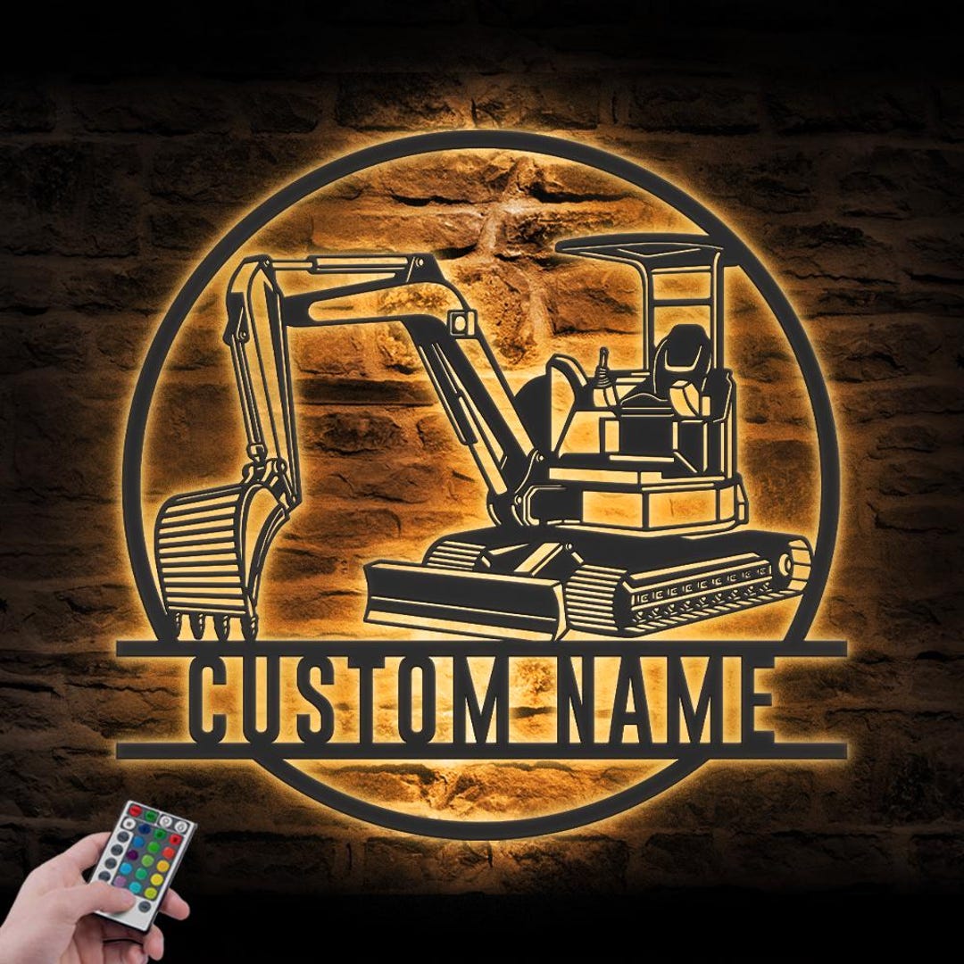 Custom Mini Excavator Driver Metal Wall Art LED Light Personalized ...