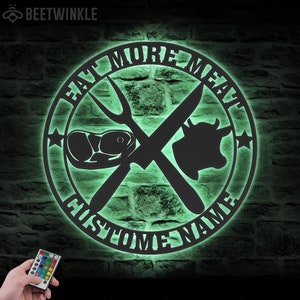 Custom Cow Meat Shop Metal Wall Art LED Light Personalized Butcher Shop ...