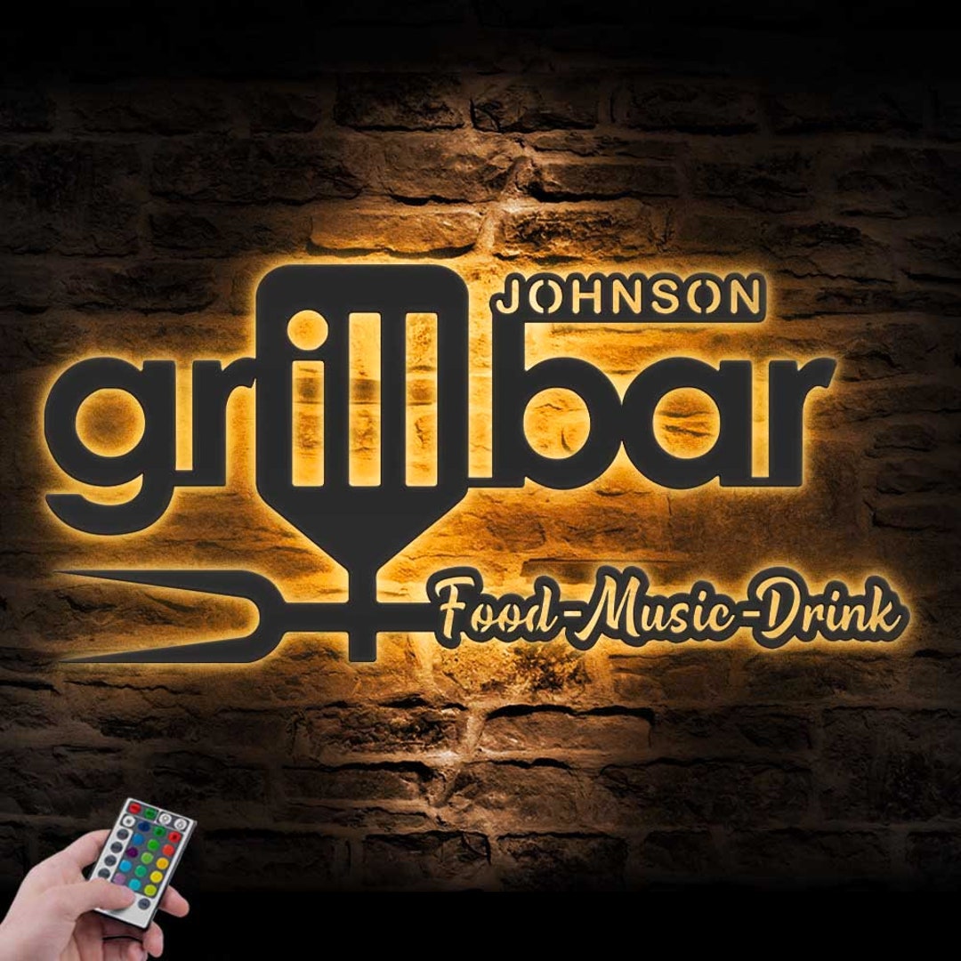 Custom Bar and Grill Metal Wall Art LED Light Personalized Backyard BBQ ...