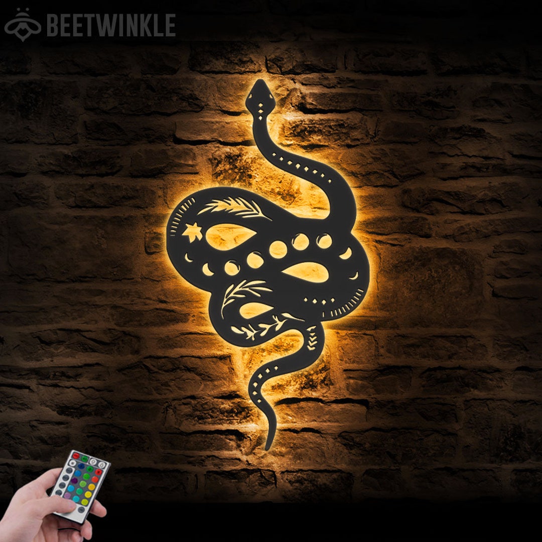 Snake Moon Phase Metal Wall Art With LED Light Celestial Snake Sign Home Decor Crescent Snake ...