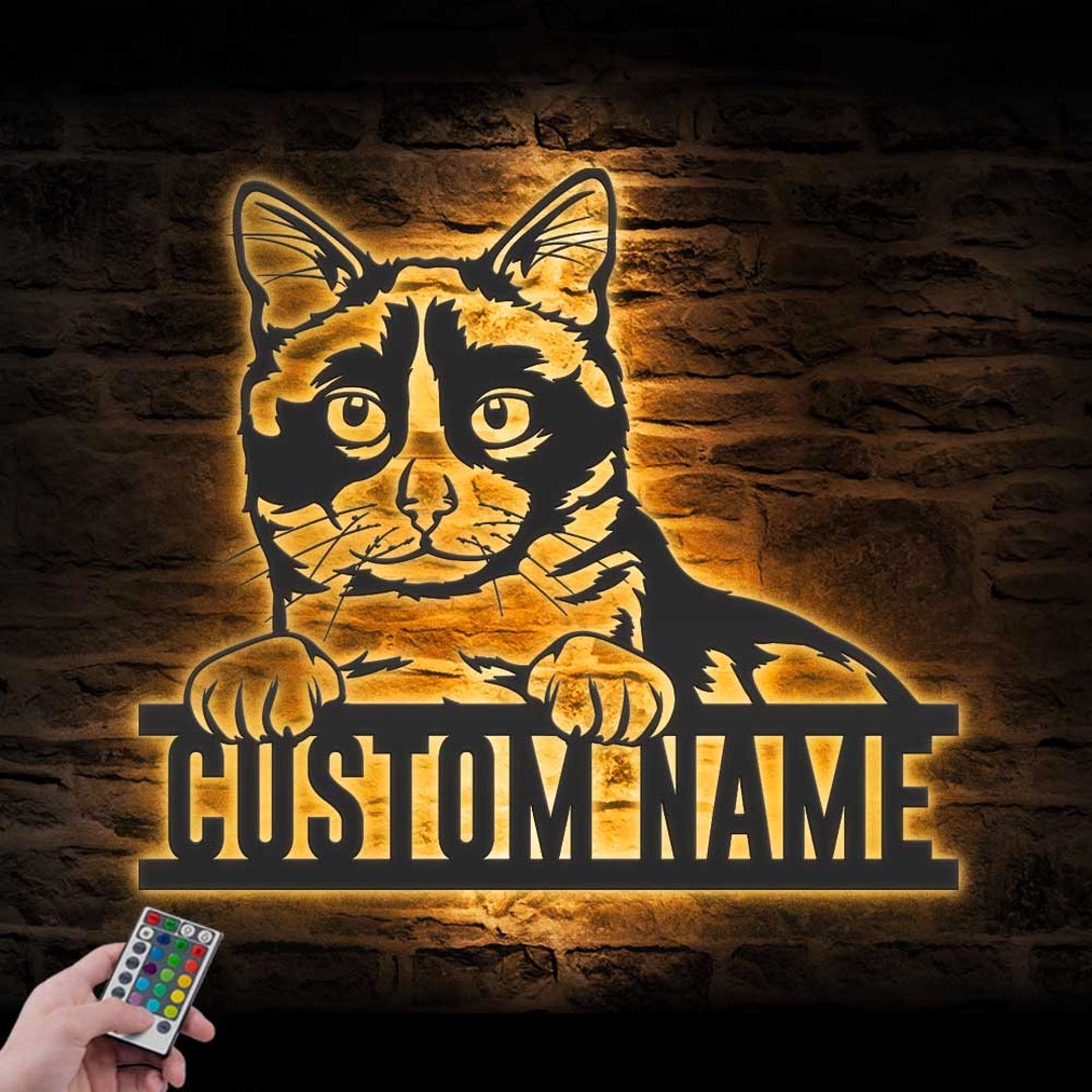 Custom Peeking Snowshoe Cat Metal Wall Art LED Light Personalized Funny ...