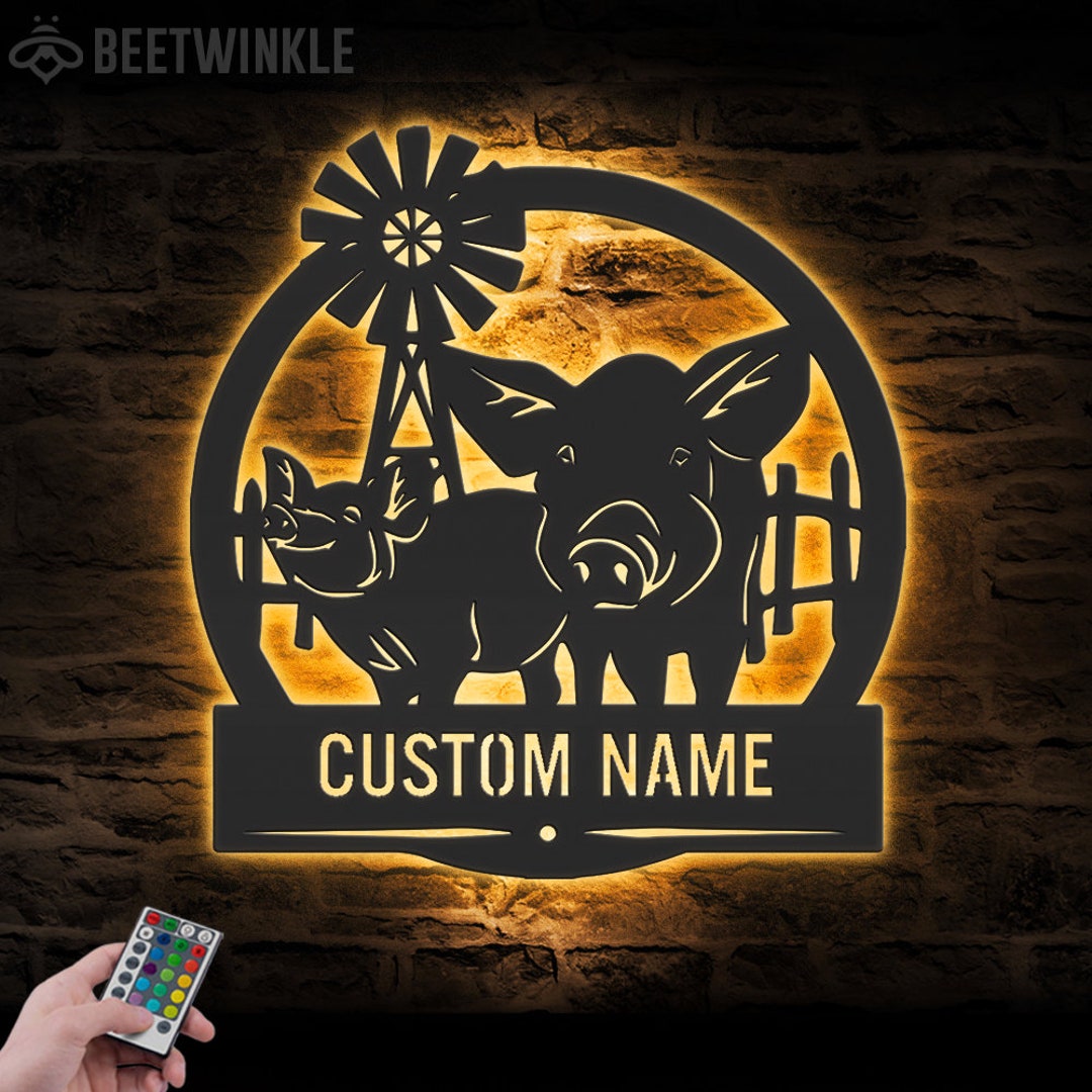 Custom Funny Pig Farmhouse Metal Wall Art LED Light Personalized Pig ...