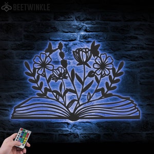 Floral Book Lover Metal Wall Art LED Light Flowers Book Sign Reading ...