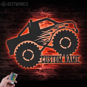 Custom Monster Truck Driver Metal Wall Art LED Light Personalized Fire ...