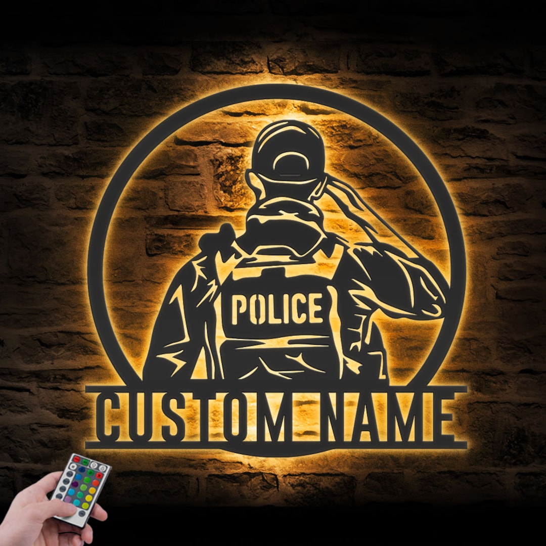 Custom US Police Officer Metal Wall Art LED Light Personalized American ...