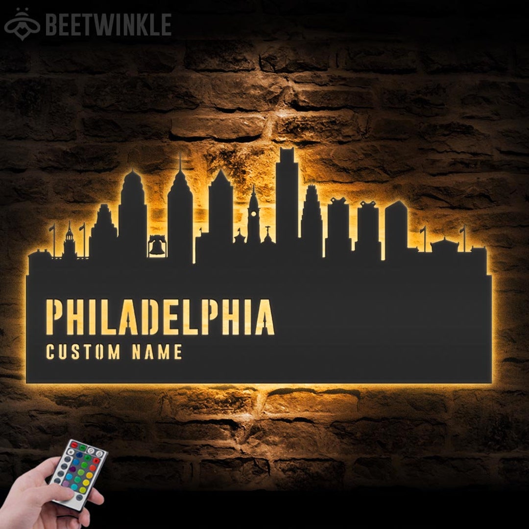 Custom Philadelphia Skyline Metal Wall Art LED Light Personalized ...