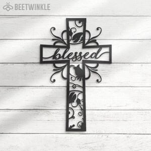Blessed Cross Metal Wall Art LED Light Christ Sign Home Decor God Faith ...