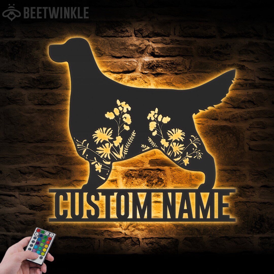 Custom Floral Gordon Setter Metal Wall Art LED Light Personalized Wild ...