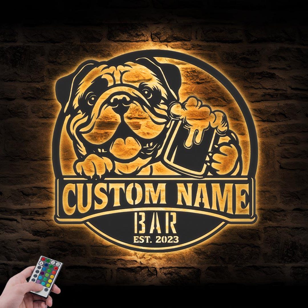 Custom Continental Bulldog Thirsty Beer Pub Metal Wall Art LED Light ...