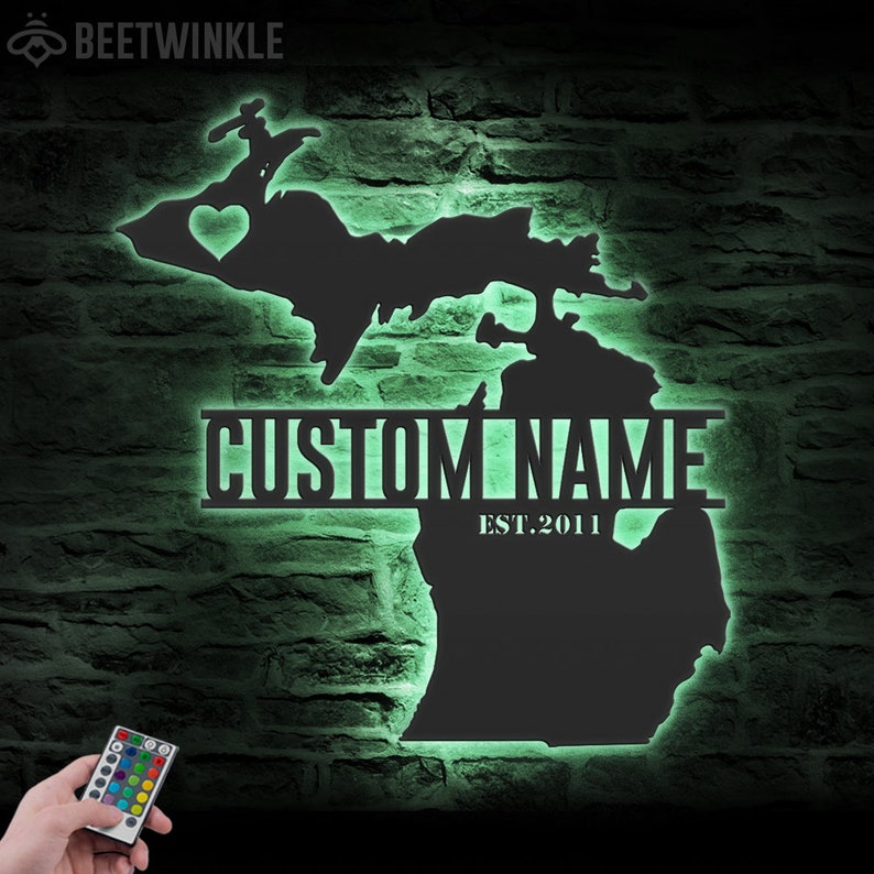 Custom Michigan Map Metal Wall Art LED Lights Personalized - Etsy