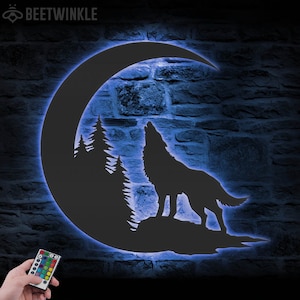 Wolf on the Moon Metal Wall Art LED Light Howling Wolf Sign Home Decor ...