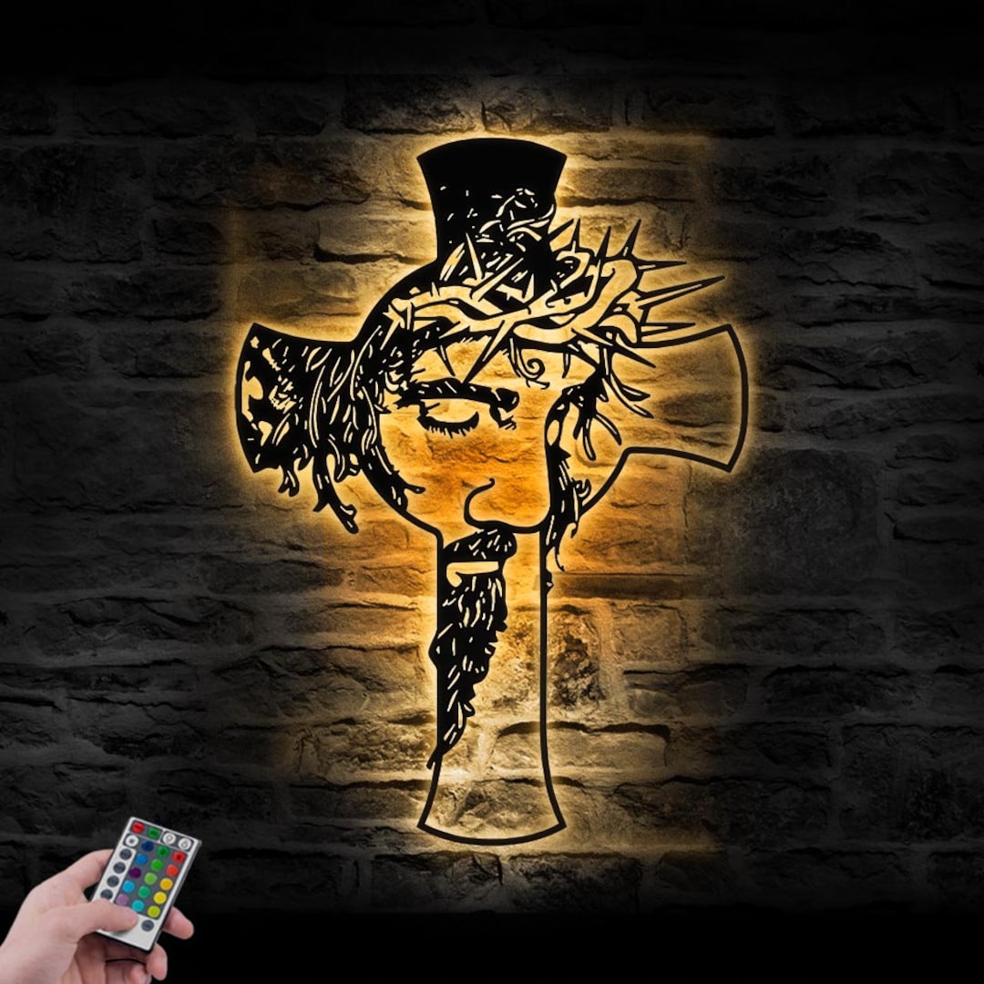 Christ Jesus Cross Metal Wall Art LED Light Jesus Christian Cross Sign ...