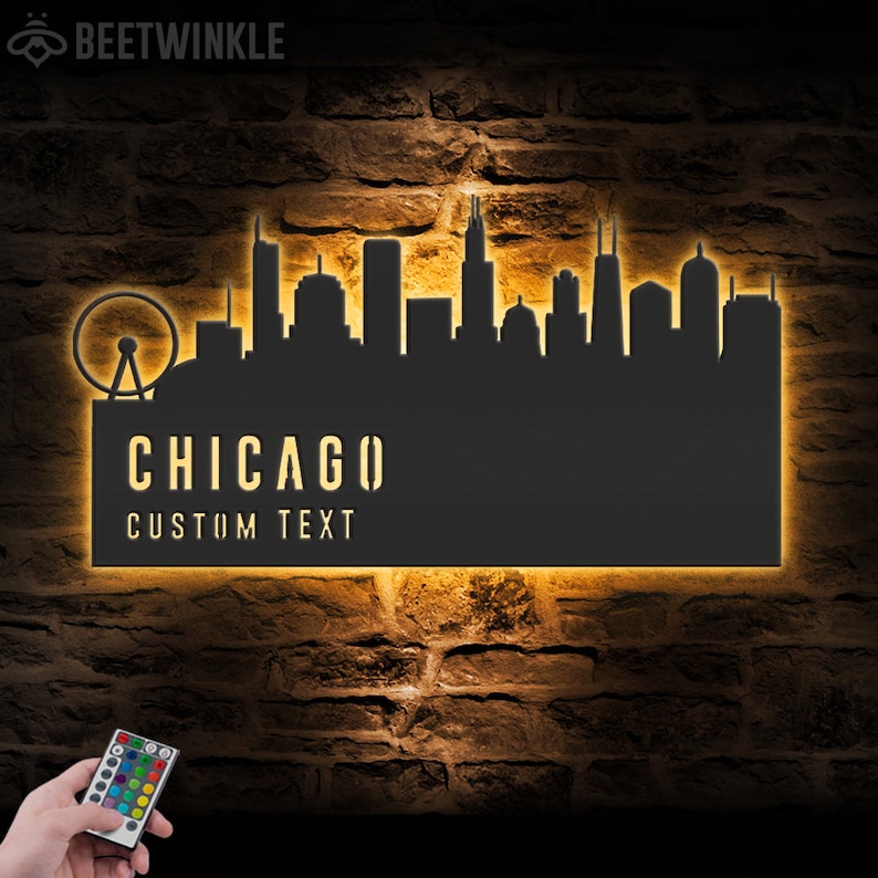Custom Chicago Skyline Metal Wall Art LED Light Personalized - Etsy