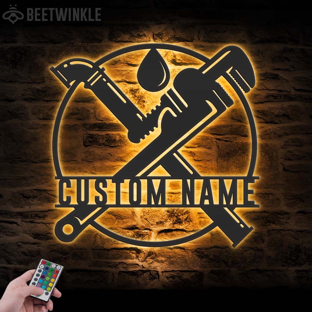 Custom Plumbing Metal Wall Art LED Light Personalized Plumber Name Sign ...