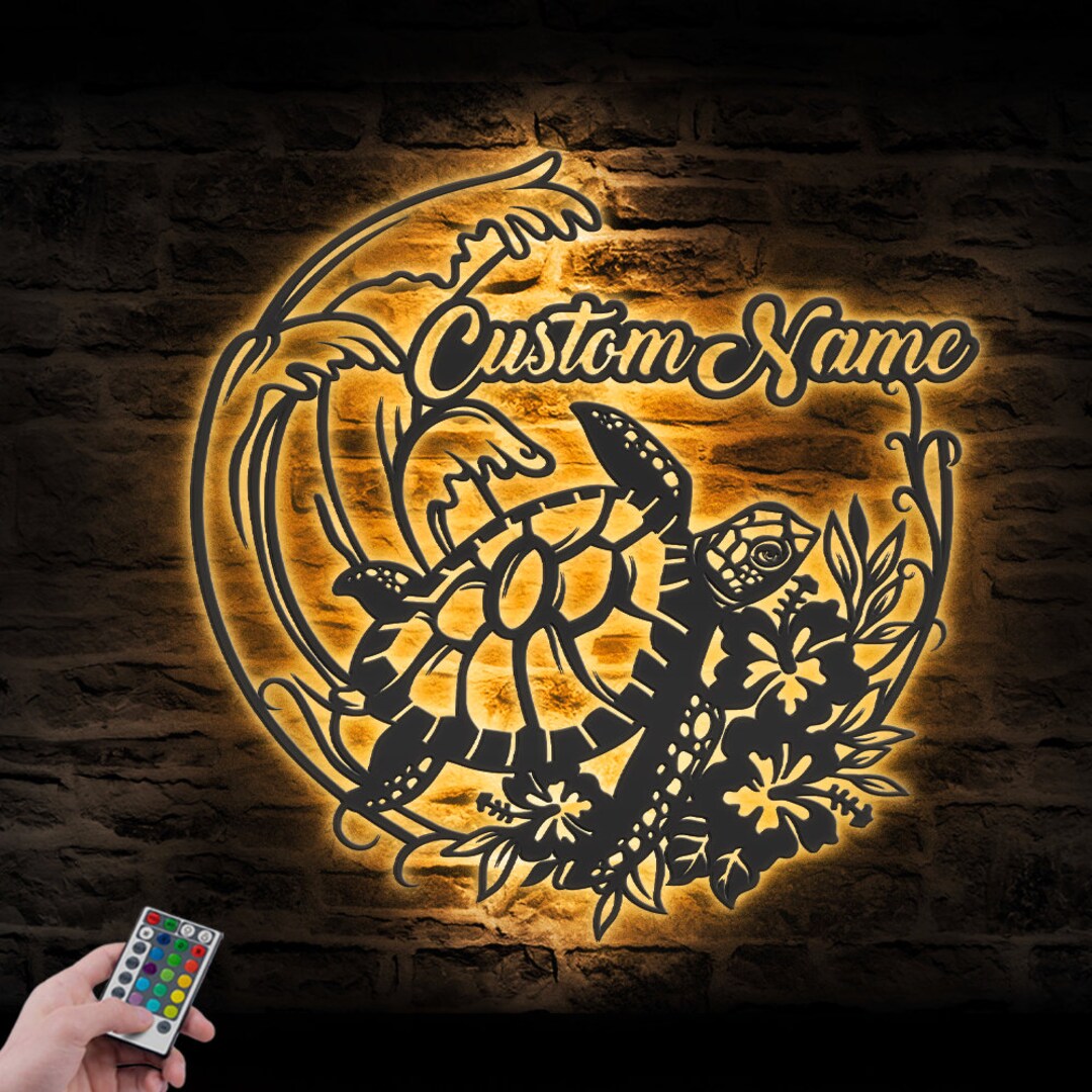 Custom Floral Turtle With Wave Metal Wall Art LED Light Personalized ...