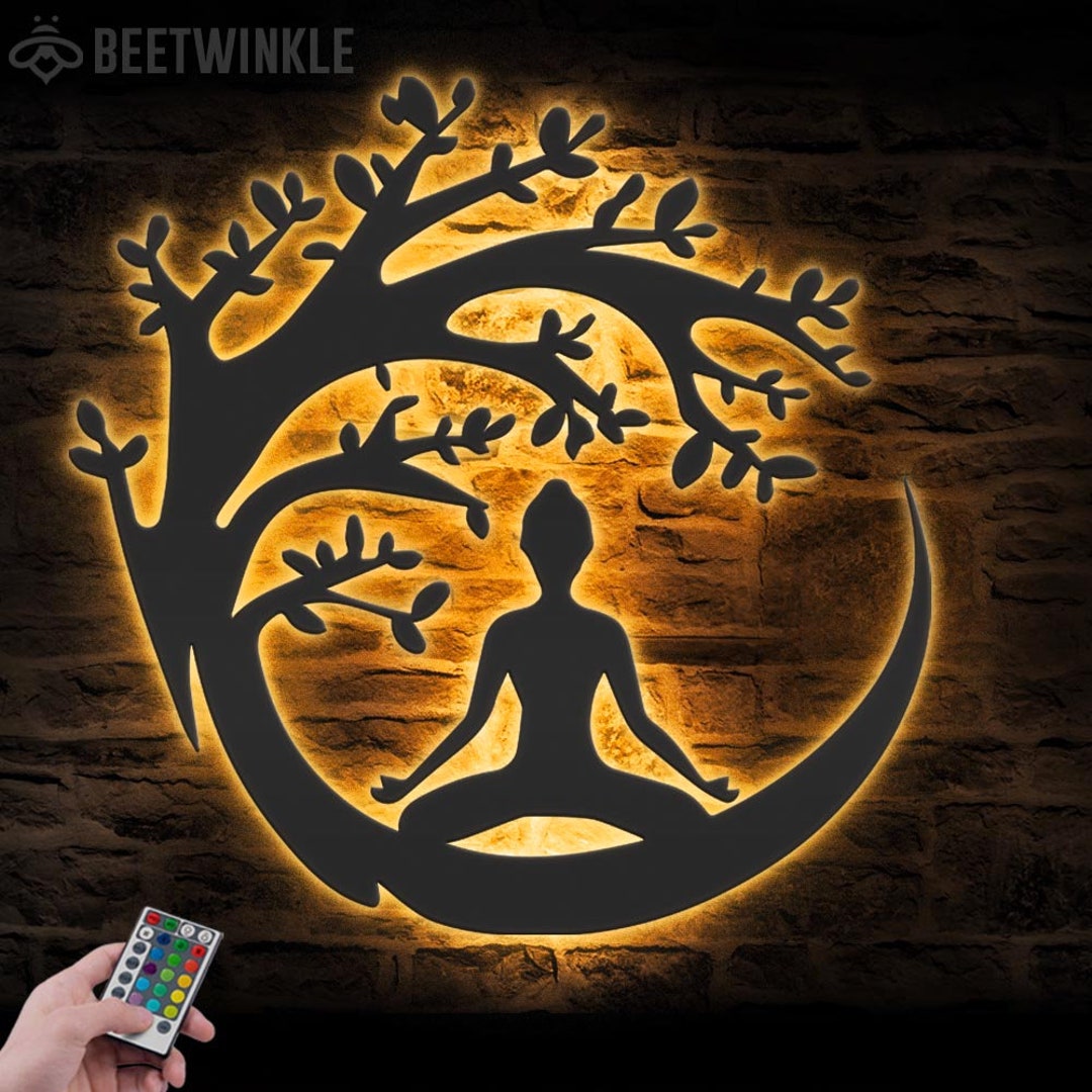 Yoga Buddha Tree Metal Wall Art LED Light Buddhist Sign Home Decor ...