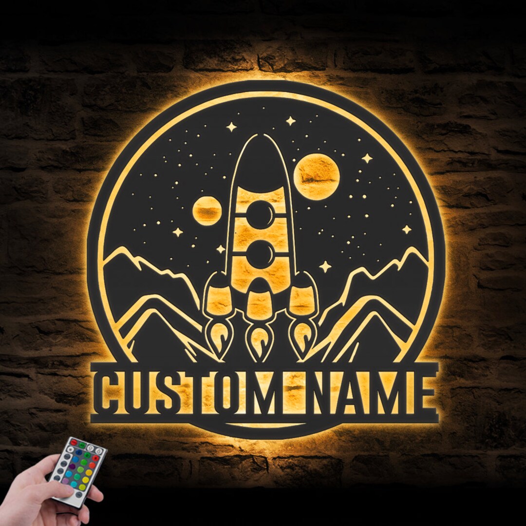 Custom Spaceship Metal Wall Art LED Light Personalized Rocket Name Sign ...