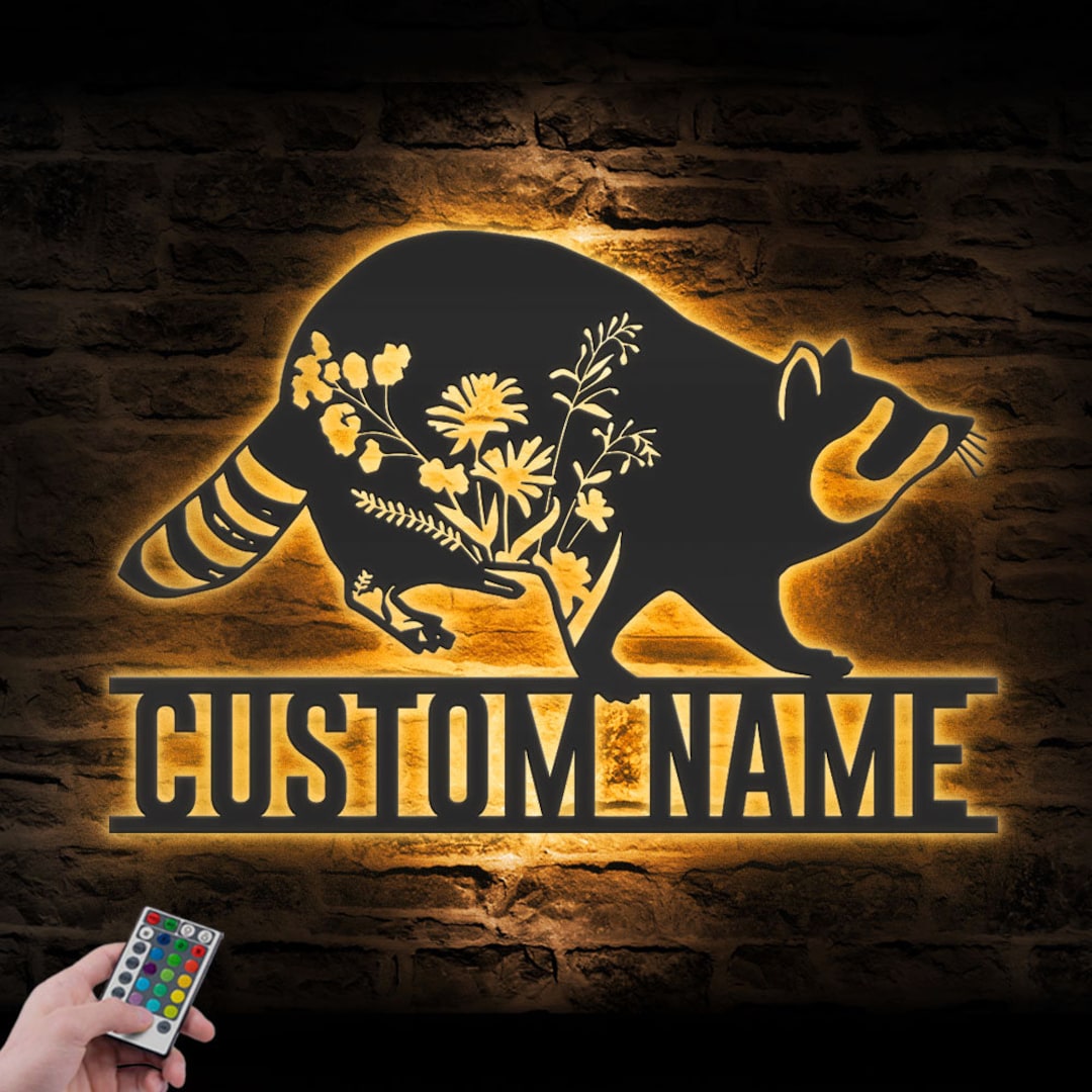 Custom Wildflower Raccoon Metal Wall Art LED Light Personalized Wild ...