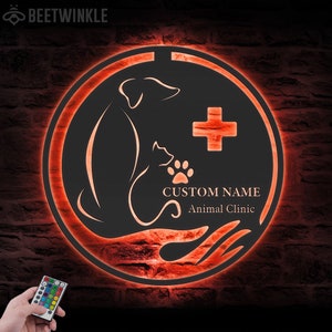 Custom Animal Clinic Metal Wall Art LED Light Personalized Vet Care ...