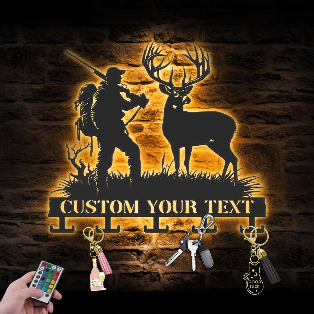 Custom Deer Hunting Key Holder Metal Wall Art LED Light Personalized ...
