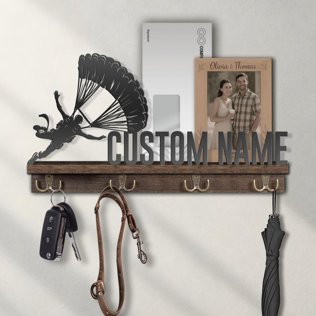 Custom Skydiver Metal Wooden Key Holder Shelf Personalized Parachute ...