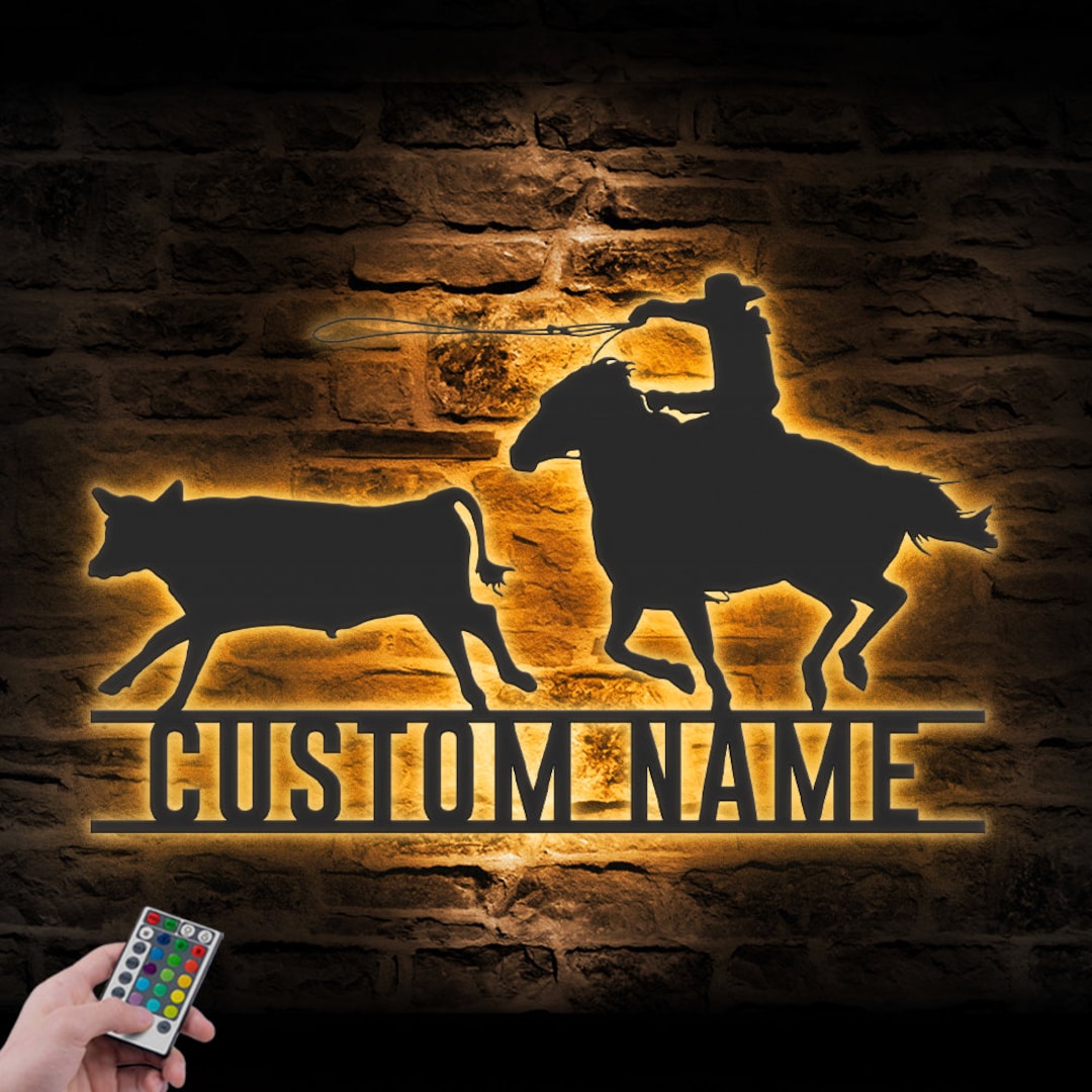 Custom Western Cowboy Cattle Roping Metal Wall Art LED Light ...