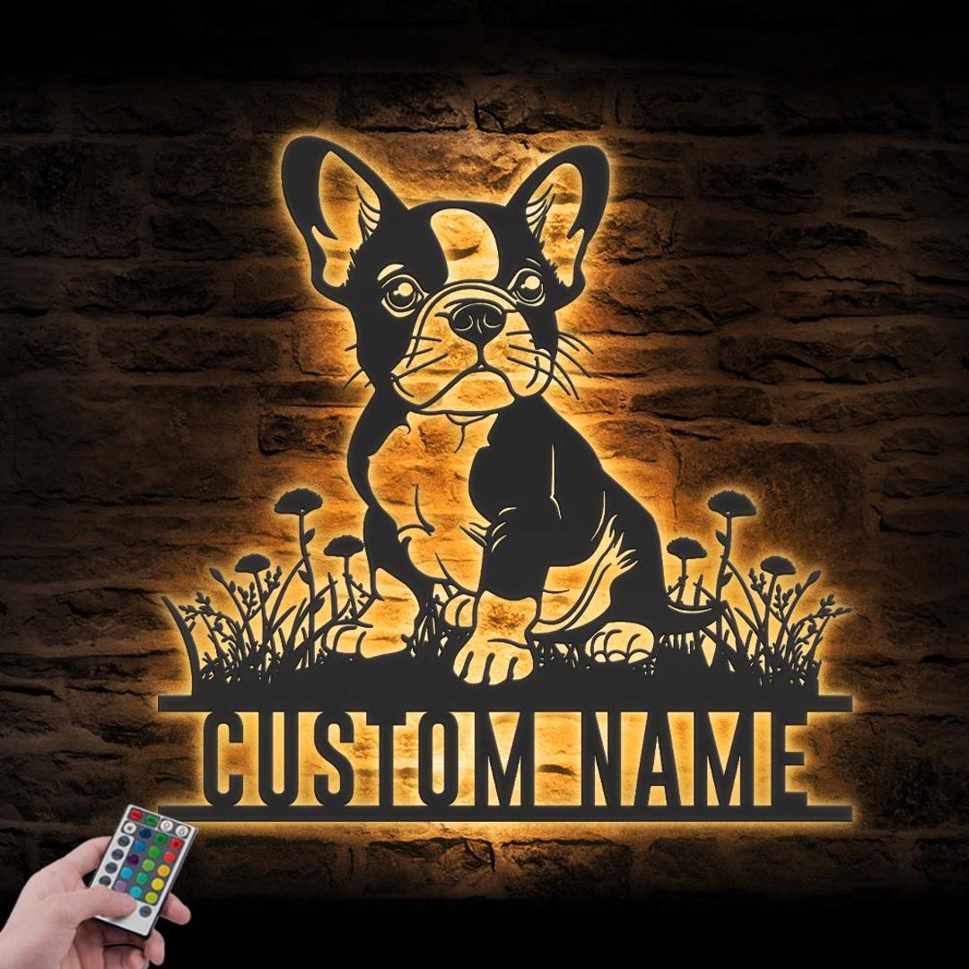 Custom Baby French Bulldog Metal Wall Art LED Light Personalized Puppy ...