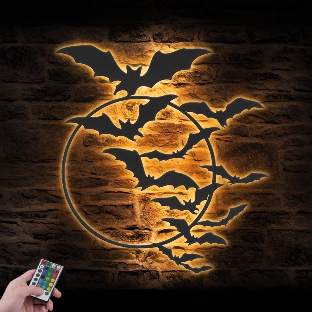 Bat on the Moon Metal Wall Art With LED Light Halloween Bat Sign Home ...