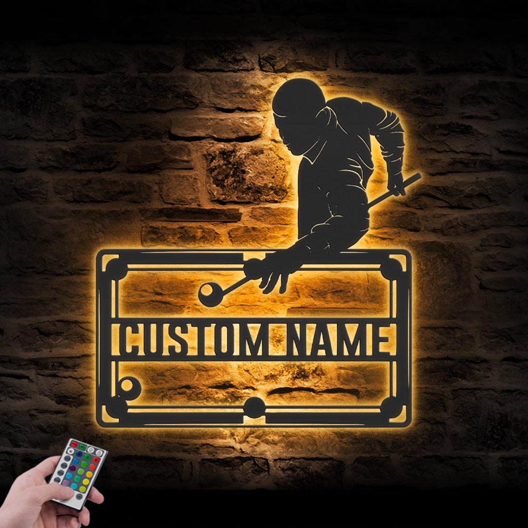 Custom Man Playing Billiards Metal Wall Art With LED Light Personalized ...