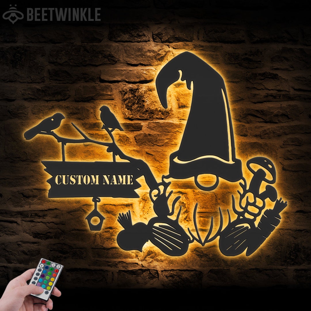 Custom Gnome Metal Wall Art LED Light Personalized Gnome Lover Name ...