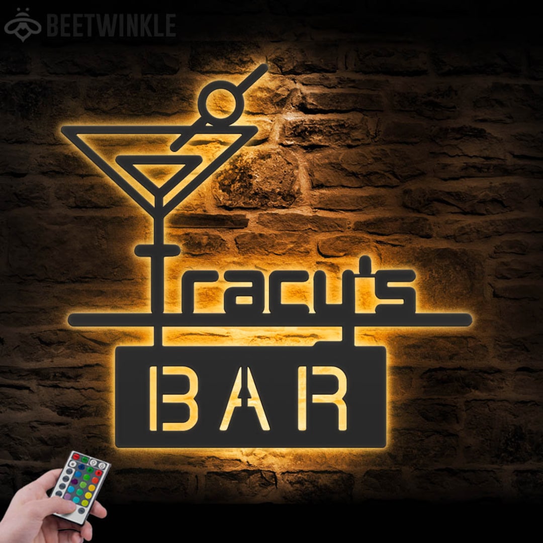 Custom Cocktail Bar Metal Wall Art LED Light Personalized Alcoholic ...