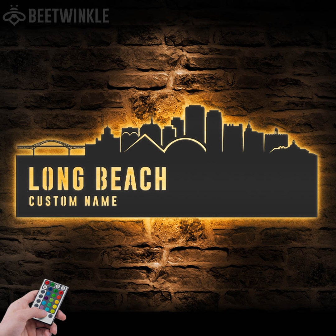 Custom Long Beach Skyline Metal Wall Art LED Light Personalized ...