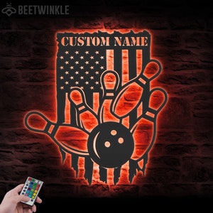Custom US Bowling Metal Wall Art With LED Light Personalized Bowling ...