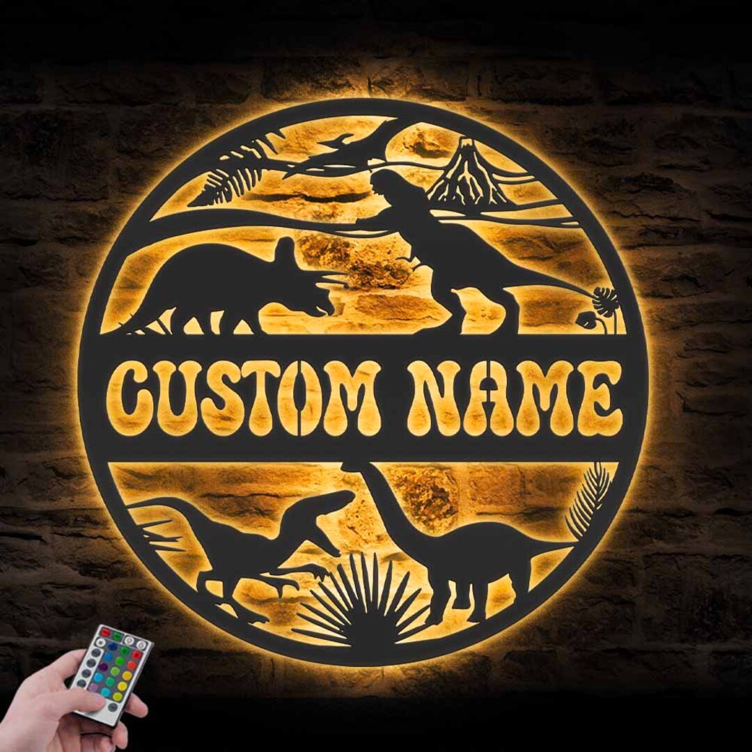 Custom Dinosaur Metal Wall Art LED Light Personalized Dino Name Sign ...
