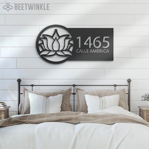 Custom Lotus House Number Metal Wall Art With LED Light Personalized ...