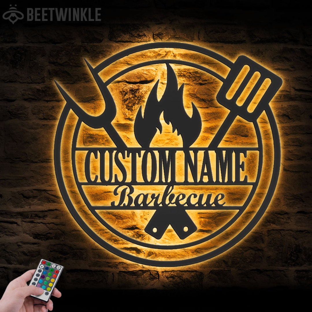 Custom Grill Metal Wall Art LED Light Personalized Backyard BBQ Name ...