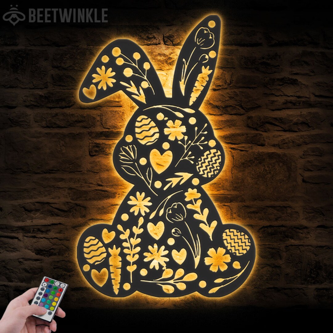Cute Floral Rabbit Metal Wall Art LED Light Bunny With Flower Monogram ...