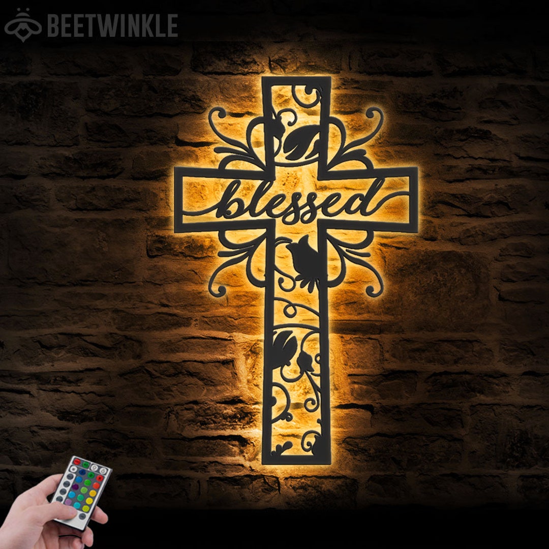Blessed Cross Metal Wall Art LED Light Christ Sign Home Decor God Faith ...