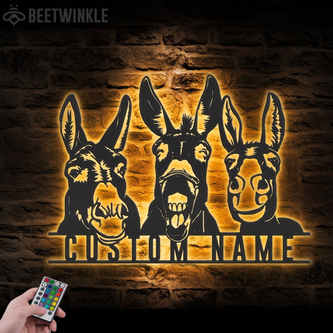 Custom Donkey Farmhouse Metal Wall Art LED Light Personalized Donkey ...