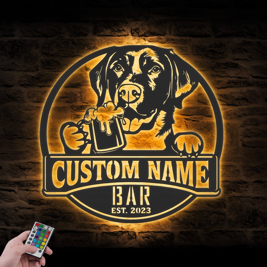 Custom Black Labrador Thirsty Beer Pub Metal Wall Art LED Light ...