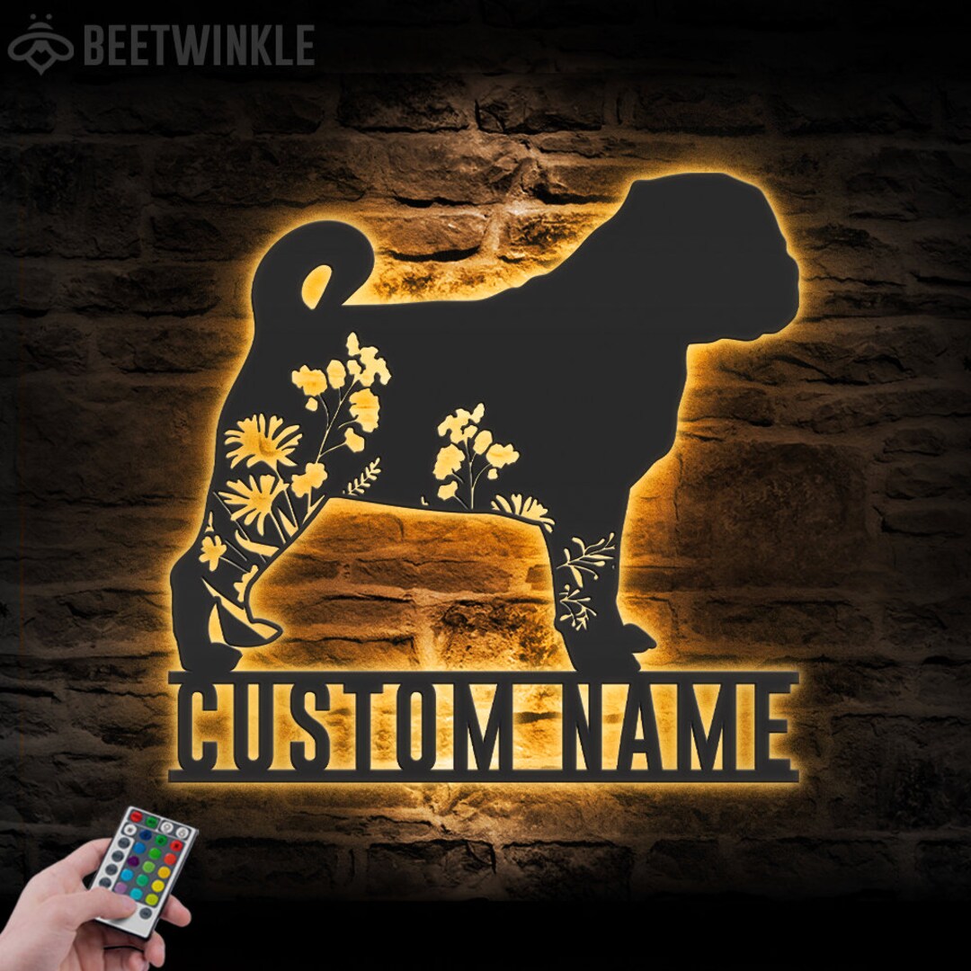 Custom Floral Pug Metal Wall Art LED Light Personalized Wild Flower Dog ...