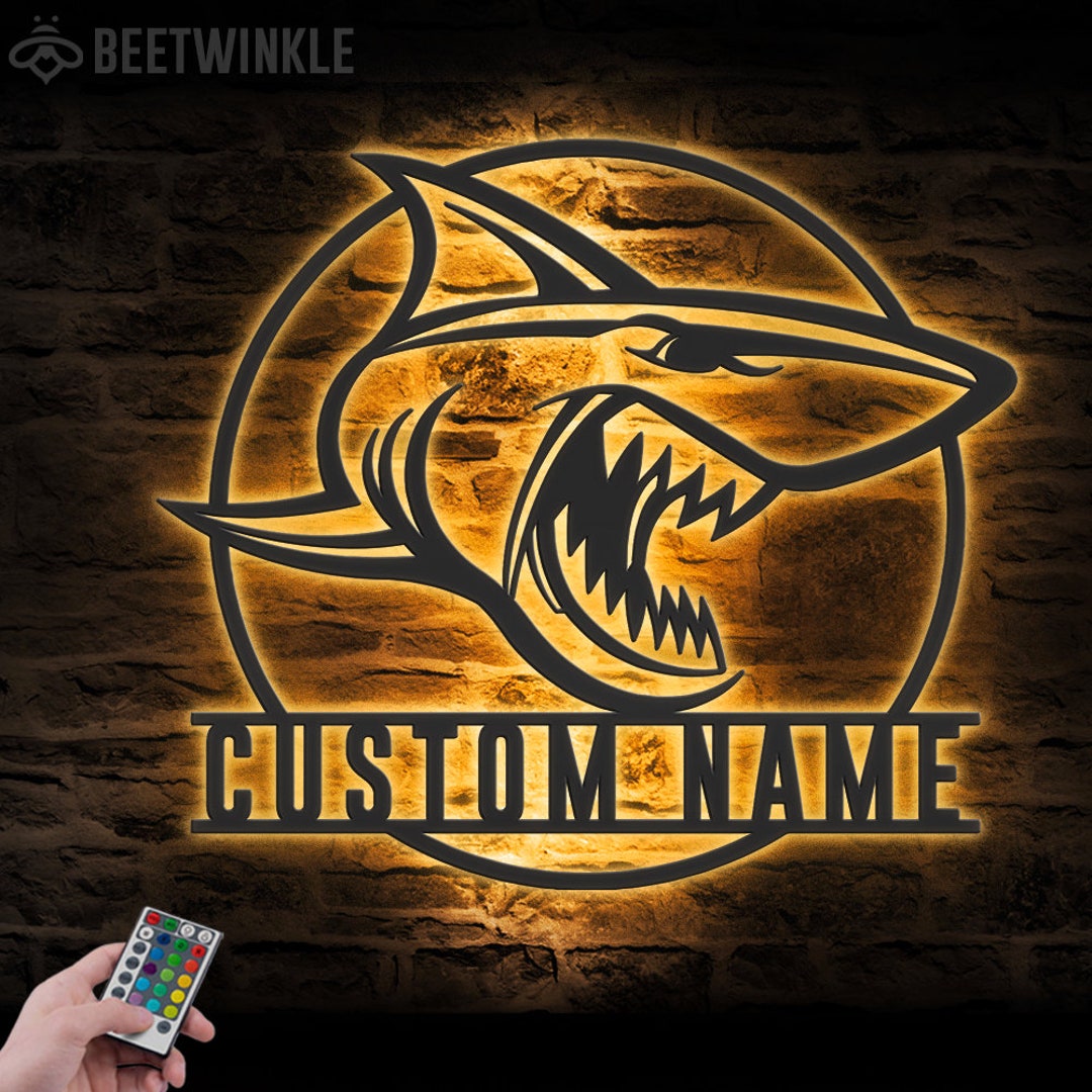 Custom Great White Shark Metal Wall Art LED Light Personalized Shark ...