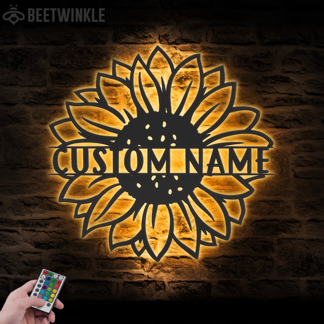 Custom Sunflower Monogram Metal Wall Art LED Light Personalized ...