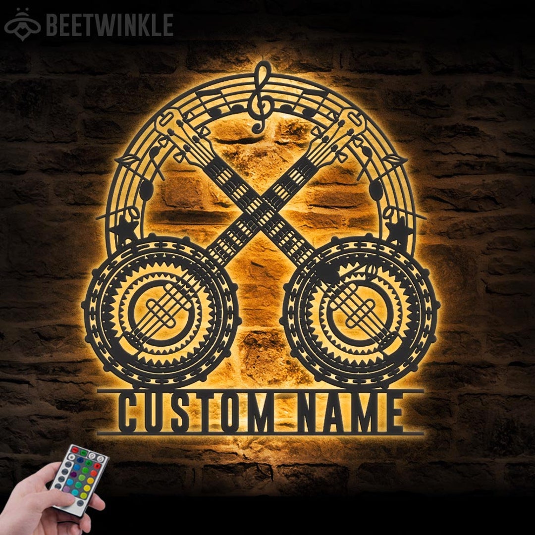 Custom Banjo Musical Instrument Metal Wall Art LED Light Personalized ...