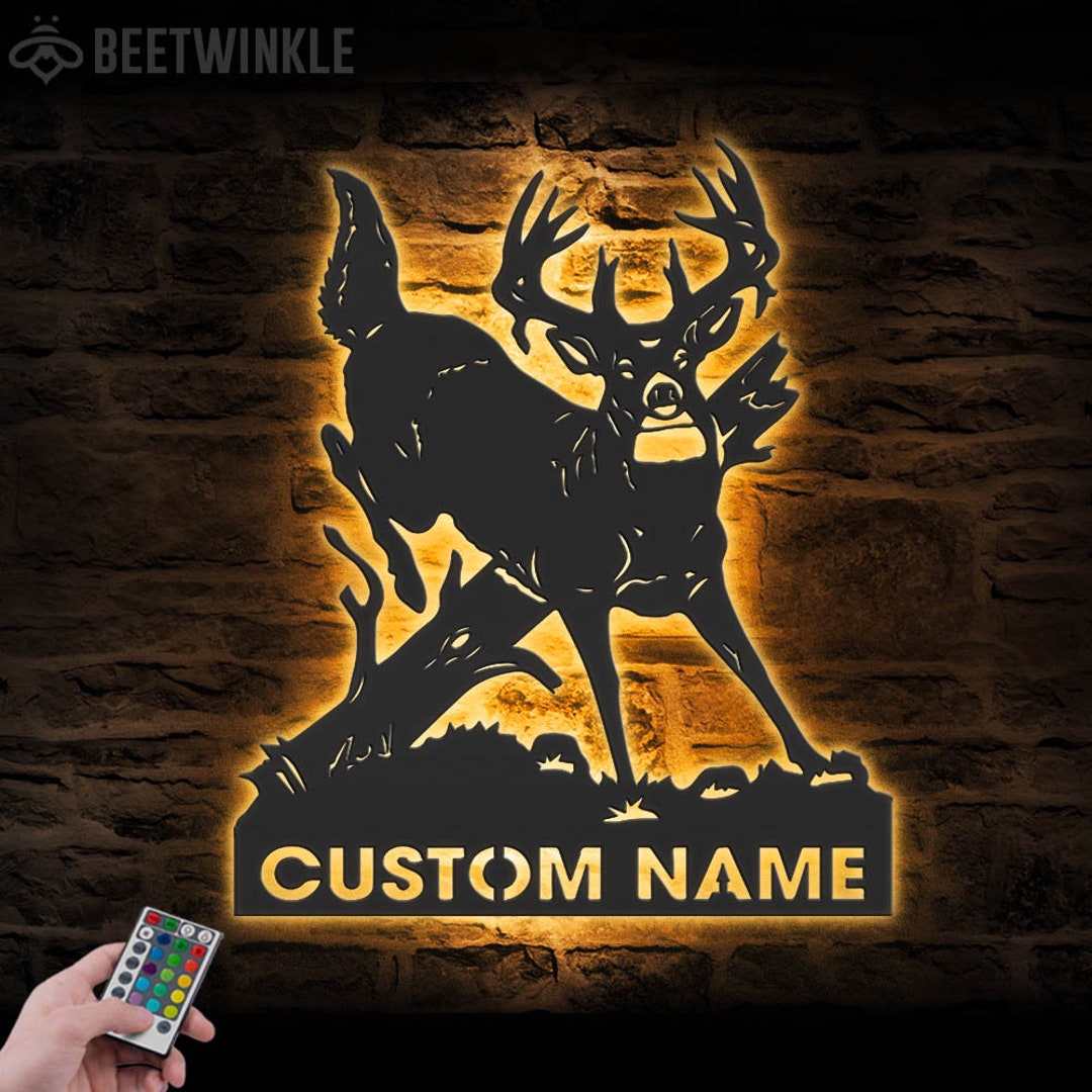 Custom Deer Hunting Metal Wall Art LED Light Personalized Hunter Name ...